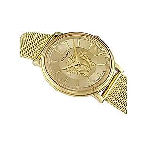 Versace Womens Gold Tone Swiss Made Watch. V-Circle Medusa Collection. High Fashion Adjustable Gold Bracelet. Featuring Medusa Head Icon Embedded on Gold Dial.