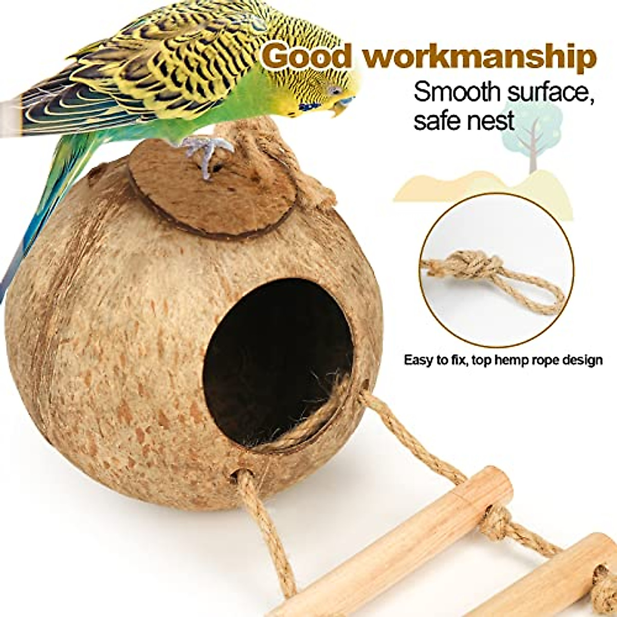 Coconut Bird Nest Coco Bird Hide Shell with Ladder,Parrot Hanging House Cage with Bird Perch Cage Accessories Exercise Toy Habitats for Parrot Parakeet Finch Lovebird and Small Animals (H01)