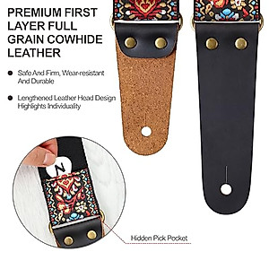 Nefelibata Guitar Strap, Embroidered Cotton Guitar Straps with Head Cowhide Leather Ends for Bass, Electric & Acoustic Guitars, with Free Strap Button, 1 Pair Strap Locks and 4 Guitar Picks (Saffron)