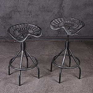 Lisuden Industrial Tractor Seat Barstools Farmhouse Cast Iron Adjustable Counter Height Stools Swivel Kitchen Saddle Bar Stools Set of 2 Metal Black Brush Silver Dining Chair 24"-30"