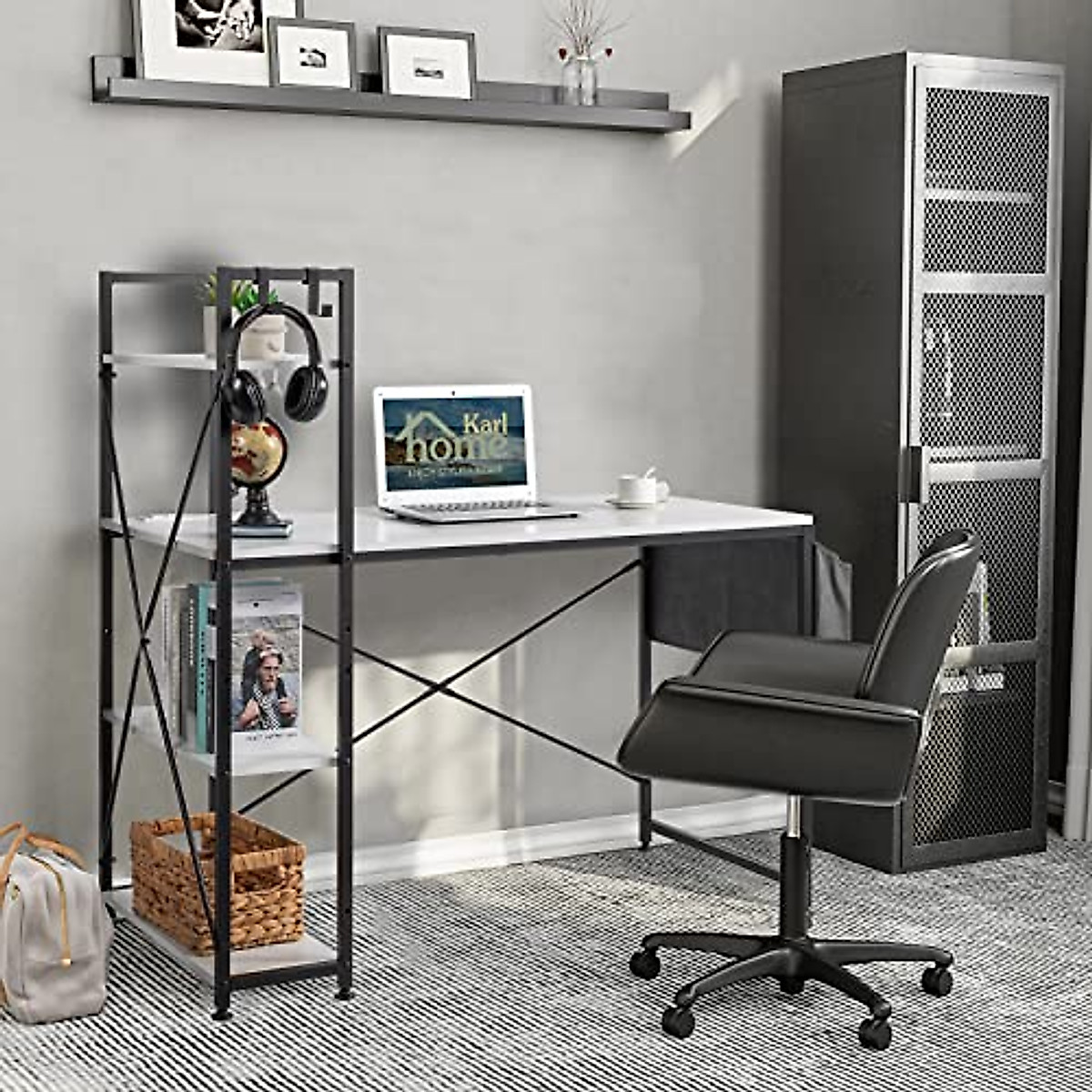 Karl home Computer Desk with Power Outlet & Storage Shelves 47" Home Office Workstation Study Writing Table with Charging Station & Hooks for Home, Studio, Office, Apartment, White