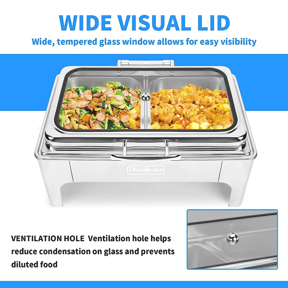 Bemkop Chafing Dish Buffet Set,Rectangular Chafing Dish with Glass Top, Soft-Close Lid,Chafer for Catering Buffet Servers and Warmers (H-Half Size)