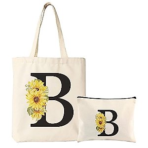 DERTE Personalized Initial Canvas Tote Bag Floral Letter Makeup Bag Monogrammed Gift Beach Tote Bags for Women Bridesmaids Birthday Wedding Bridal Shower (Letter B)