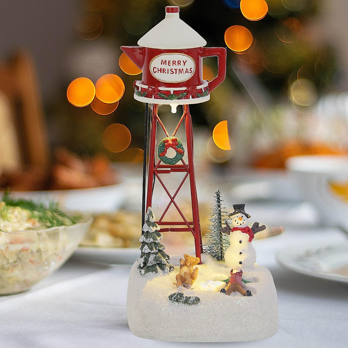 innodept12 New Christmas Village Watertower Lighted Accessories Decorations with Snowman, Dog and Boy Playing on The Ground