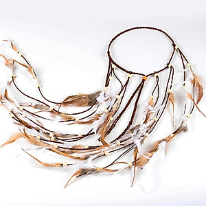 Gangel Bohemian Feather Hairband Gypsy Headband with White and Brown Feather Tassel Hemp Rope for Festival Masquerades, Carnival, Hippie Costume, Women's Prom Accessories