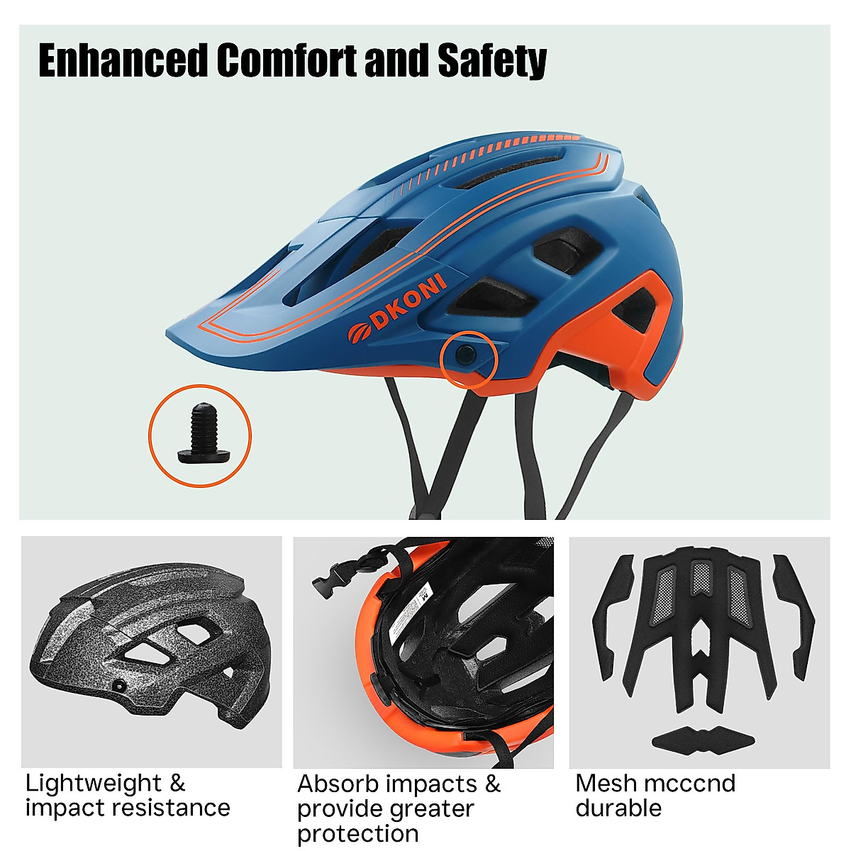 DKONI Bike Helmet for Youth Adults Men Women, Ages 8 and Up- Lightweight, Adjustable Fit 54-61cm, Removable Visor & Liners, 17 Large Air Vents (Medium, Blue/Orange)