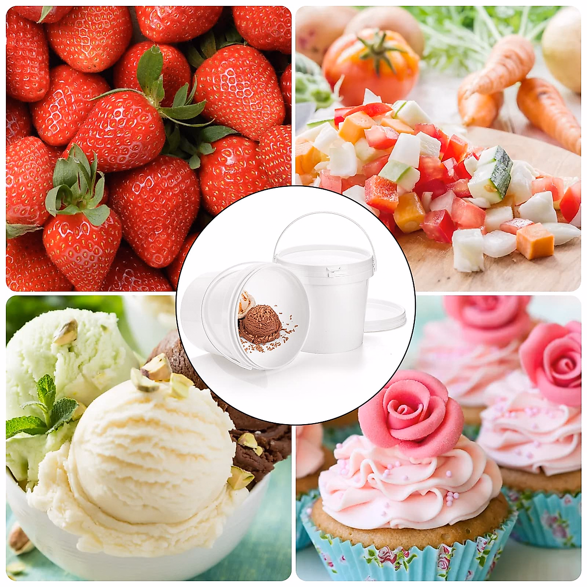 Bekith 8 Pack 80oz Plastic Ice Cream Tub with Lid, Small Bucket with Handle, Food Grade Freezer Food Storage Containers, White