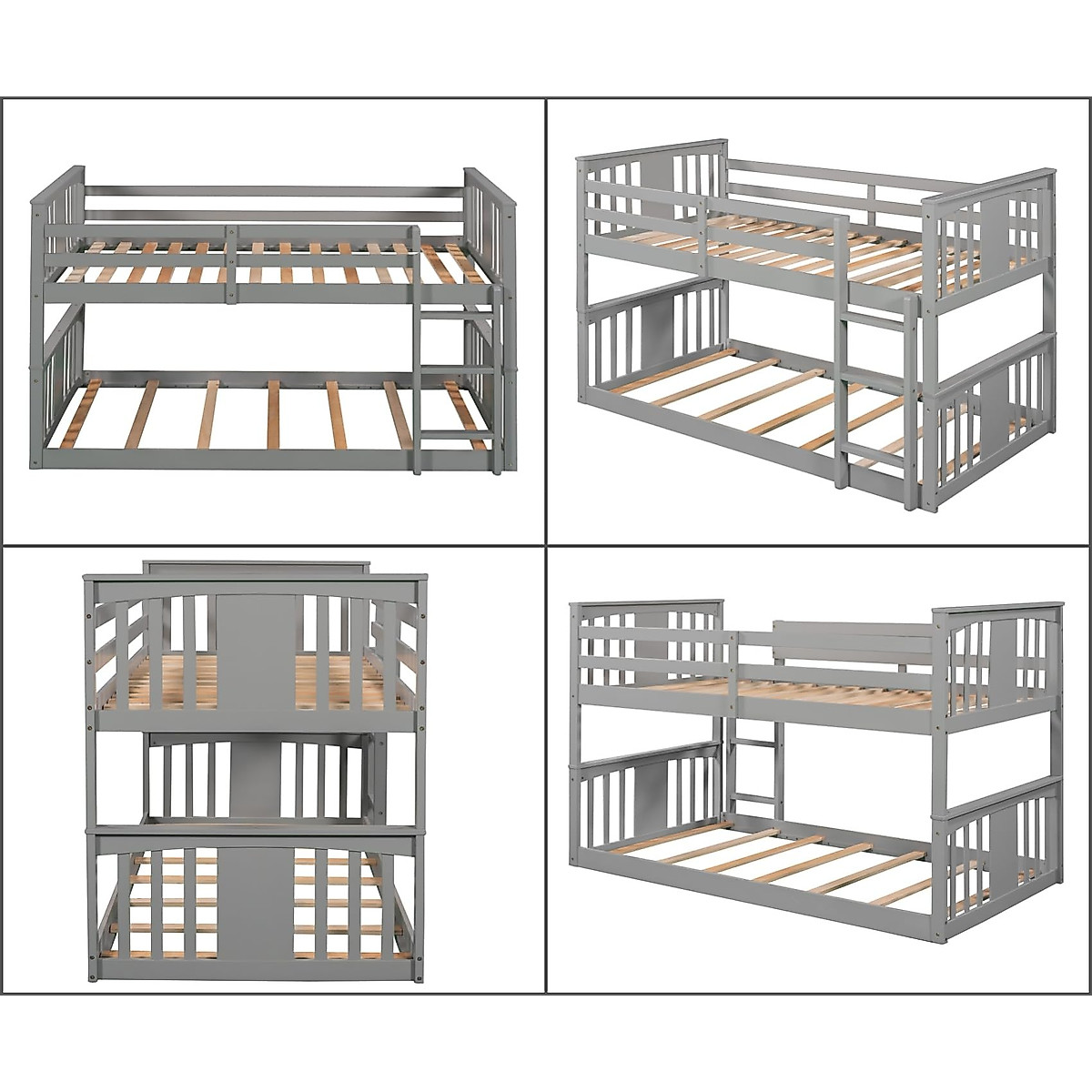 Merax Kids Bunk Bed Twin Over Twin, Wood Low Floor Bunkbed with Stairs Guardrail for Boys, Girls, Toddlers, No Box Spring Required, Grey
