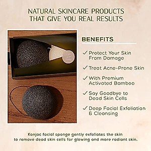 CSM Organic Konjac Sponges 3-Pack for Gentle Exfoliating - Facial Cleansing Sponge with Activated Bamboo Charcoal to Clean Pores, Remove Impurities, Exfoliate - 2 Black, 1 White Natural Sponge
