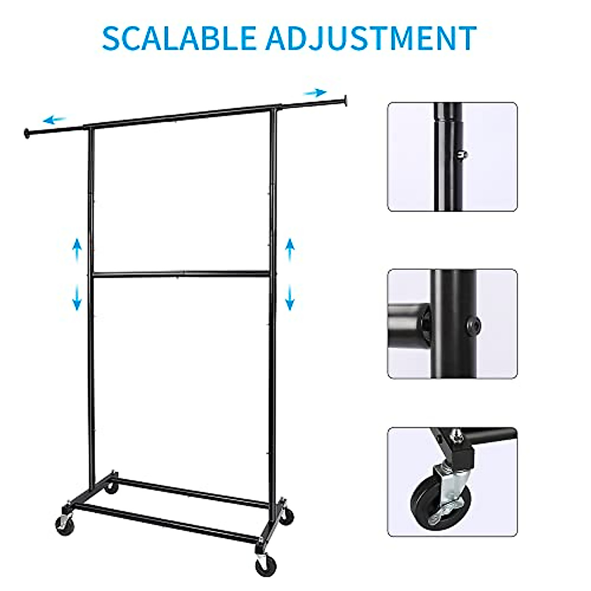 Fishat Simple Standard Double Rod Rolling Clothing Garment Rack for Hanging Clothes, Metal Clothes Organizer with Lockable Wheels (Black)