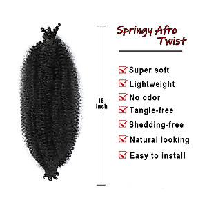 8 Packs Springy Afro Twist Hair Pre-Separated Kinky Marley Twist Braiding Hair Soft Synthetic Crochet for Distressed Faux Locs Spring Twist Hair Extensions for Women… (16 Inch (Pack of 8), 1B)……