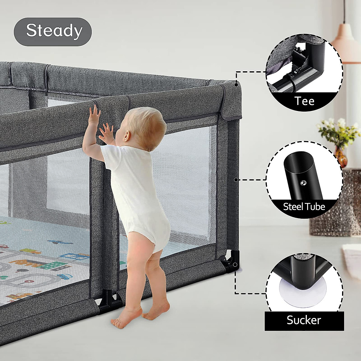 Extra Large Baby Playpen with Play Mat, Yacul 79x71 inches Giant Toddler Play Yard for 2-5 Babies, Large Activity Center Play Area 38.75 sq.Ft for Indoor Outdoor Dark Gray_XXL