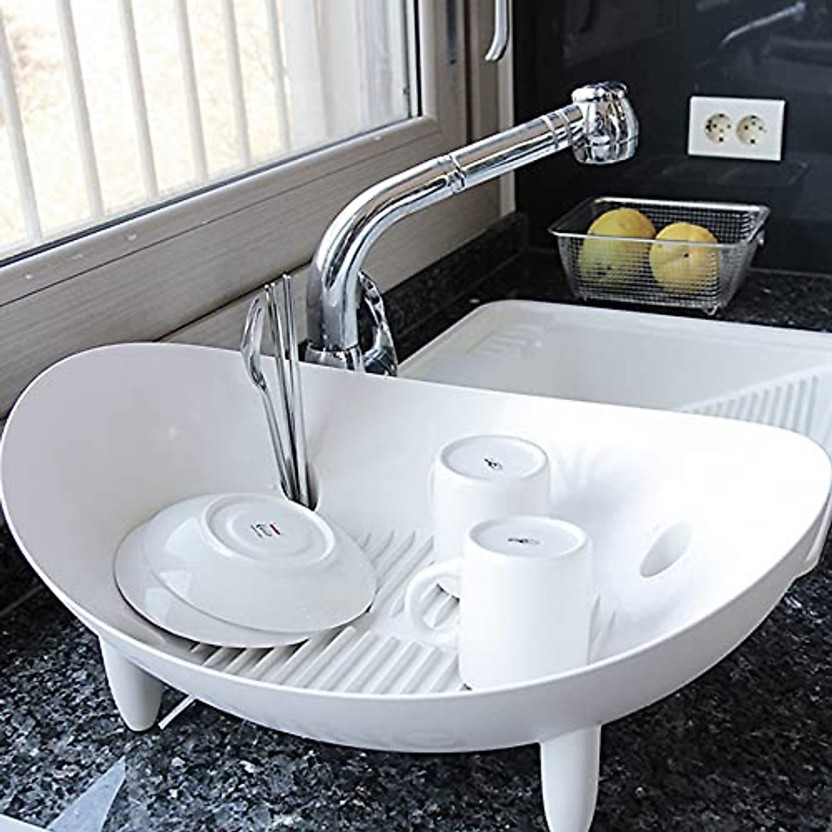 SERENITA Dish Drying Rack. Oval Compact Size Drainer with Utensil Holder. Kitchen Counter Cabinet (White 16.5")