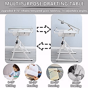 Gynsseh Drafting Table with Stool, Adjustable Height Drawing Table for Artists, 0-75° Tilting Glass Tabletop Art Craft Desk Watercolour Painting Workstation for Home School, White