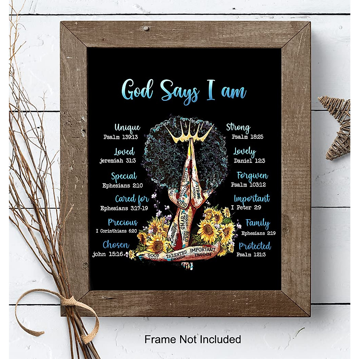Positive Affirmations Black Wall Art - Inspirational Bible Verses Religious God Decor - Spiritual Christian Scripture Poster - African American Women, Black Woman, Girls - I Am - Encouragement Gifts