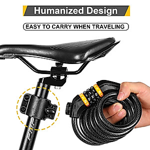 Cable Bike Locks Resettable Bicycle Lock Cable Combination 5-Digit Combination Cable Lock Scooter Locks Anti-Theft, Includes Mounting Bracket and Bike Bells