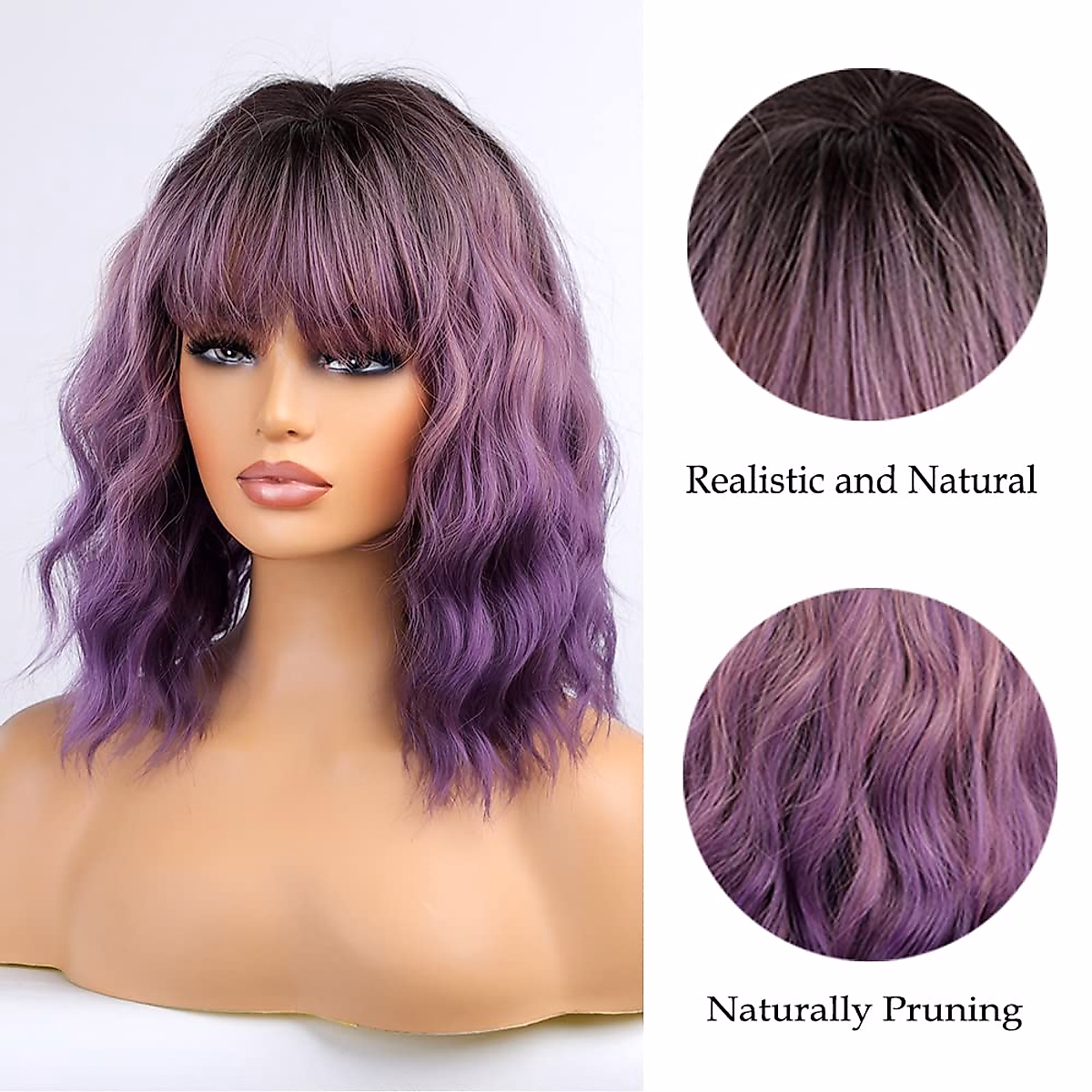 Haoland Purple Wig With Bangs for Women 14” Short Bob Wavy Wig Heat Resistant Colored Wigs Synthetic Wig for Daily Party Use Cosplay (Purple)