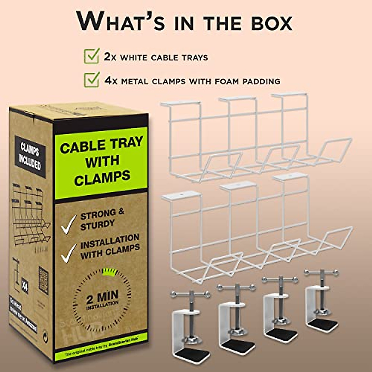 Under Desk Cable Management Tray with Clamps, No Drill Under Desk Cord Management, Desk Cable Organizer, Cable Management Under Desk - Set of 2 with Clamps