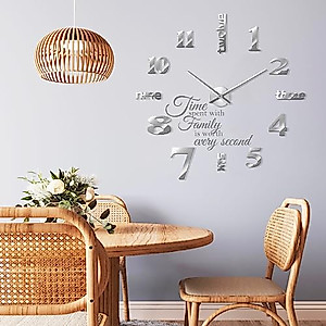 3D Wall Clock Frameless DIY Wall Clock, Big Clock with Quote Sticker for Living Room, Modern Decor for Home Bedroom Office Wall Decorations, Adjustable Size Max 47 Inch (Silver)