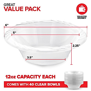 40 Pack 12 oz Elegant Clear Plastic Bowls for Parties Small Disposable Bowl for Fancy Dinner or Cocktail Party, Soup and Salad, Thick and Sturdy