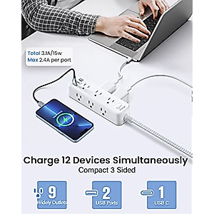 Power Strip Surge Protector with 9 Outlets 2 USB Ports 1 USB C,3 Sided 4.5Ft Braided Extension Cord,Flat Plug Wall Mount Wall Outlets Extender Desktop Charging Station for Home,Office