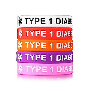 VNOX 5Pcs a Set Silicone Type 1 2 Diabetes Medical Alert ID Bangle Bracelet,7.5" (Style 3-Type 1 Diabetes)