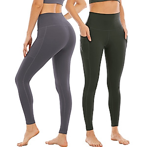 YOUNGCHARM 4 Pack Leggings with Pockets for Women,High Waist Tummy Control Workout Yoga Pants BlackDGrayNavyArmyGreen-M