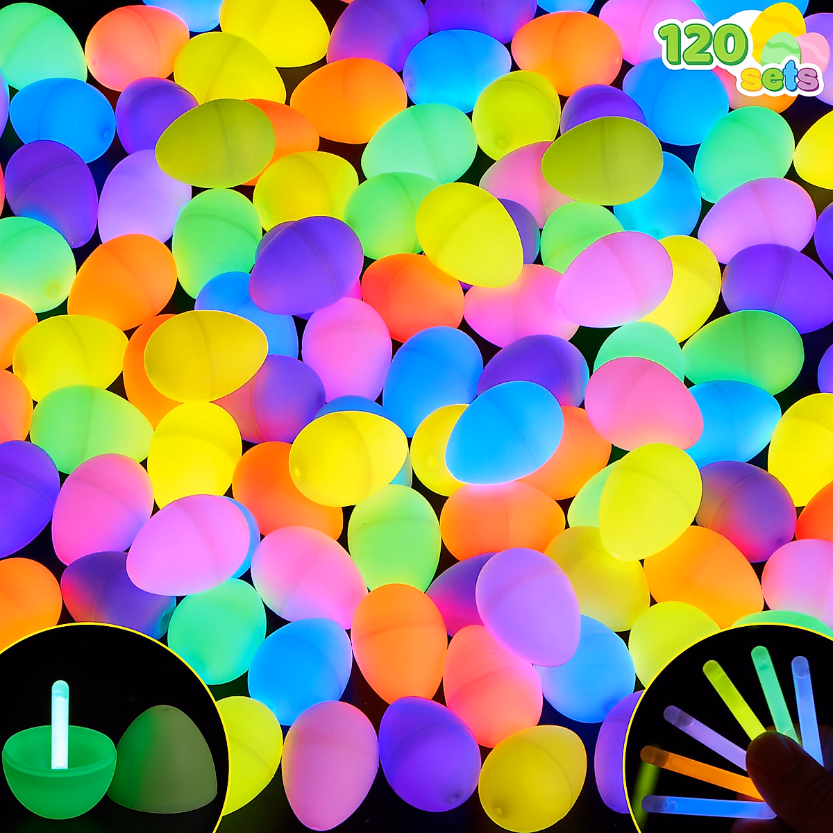 JOYIN 72 Pcs Easter Eggs with 72 Mini Glow Sticks for Kids Glow-In-The-Dark Basket Stuffers Fillers Gift, Easter Egg Hunt Game Party Favors Decorations Supplies, Classroom Prizes
