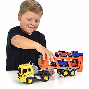 Sunny Days Entertainment Maxx Action 17’’ Vehicle Transport with 4 Diecast Trucks – Bright Lights and Car Sounds | Friction Powered Trailer | 6 Piece Toy Playset for Kids