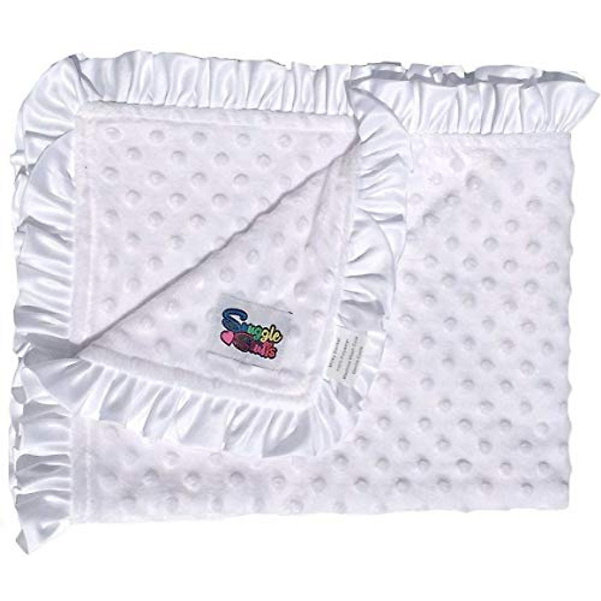 Snuggle Stuffs White Minky Dot & Satin Ruffle Newborn Baby Christening Baptism Blanket - Small 30" x 40"