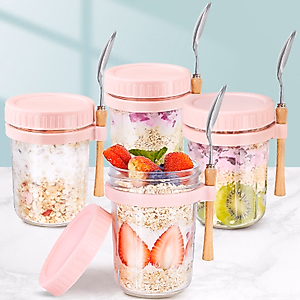 HomArtist Glass Overnight Oats Containers with Lids and Spoon, 16oz Wide Mouth Mason Jars for Overnight Oats, Cereal, Yogurt, Salad Lunch Container with Measurement Marks - Pink 4 Pack