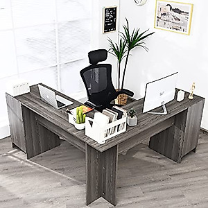 Tangkula 66" × 66" L-Shaped Desk, Corner Computer Desk with Drawers Keyboard Tray and Storage Cabinet, Home Office Desk, Sturdy and Space-Saving Computer Workstation