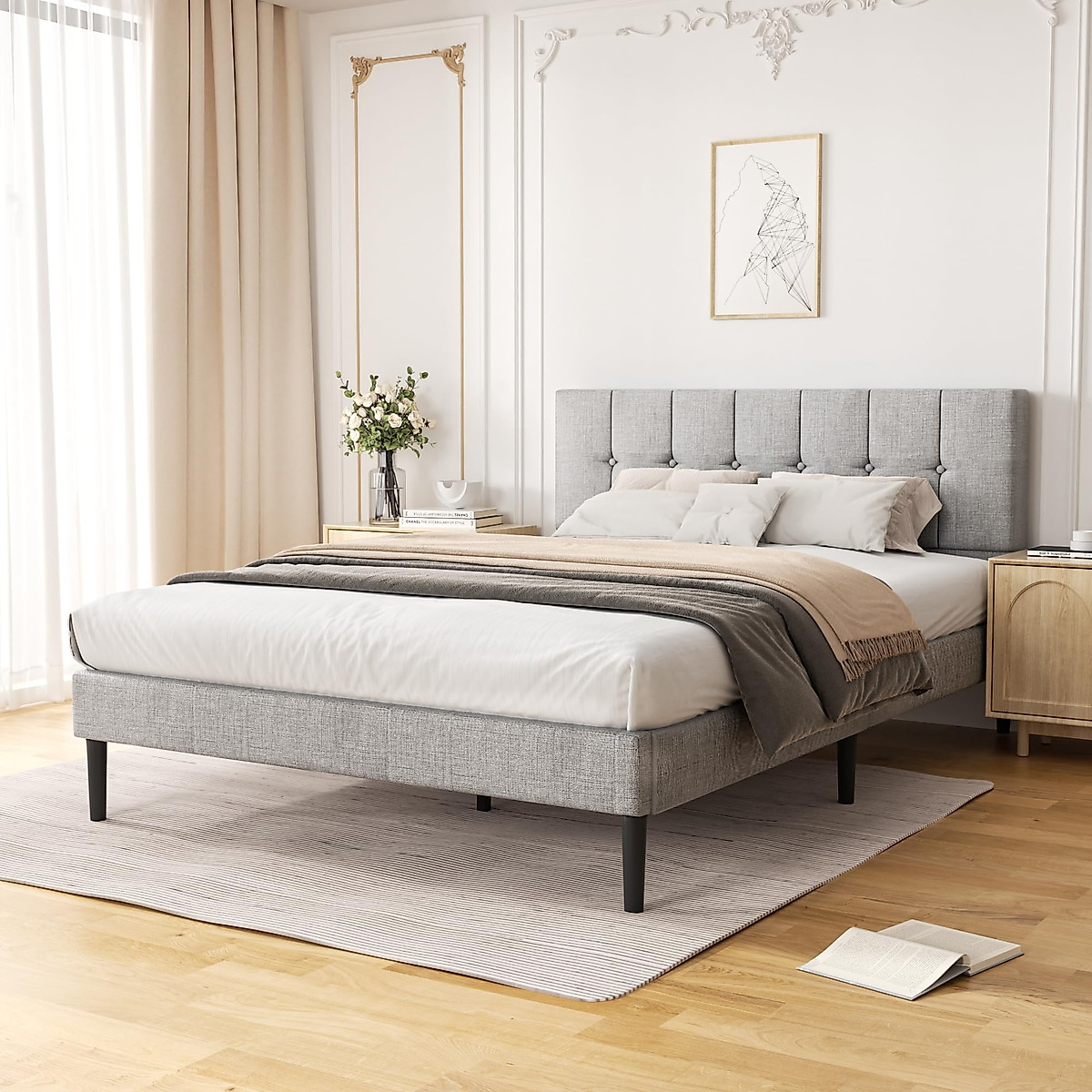 Sismplly Queen Size Platform Bed Frame with Upholstered Headboard, Modern Bed with Wooden Slat, No Box Spring Needed, Easy Assembly, Mattress Foundation, Light Grey