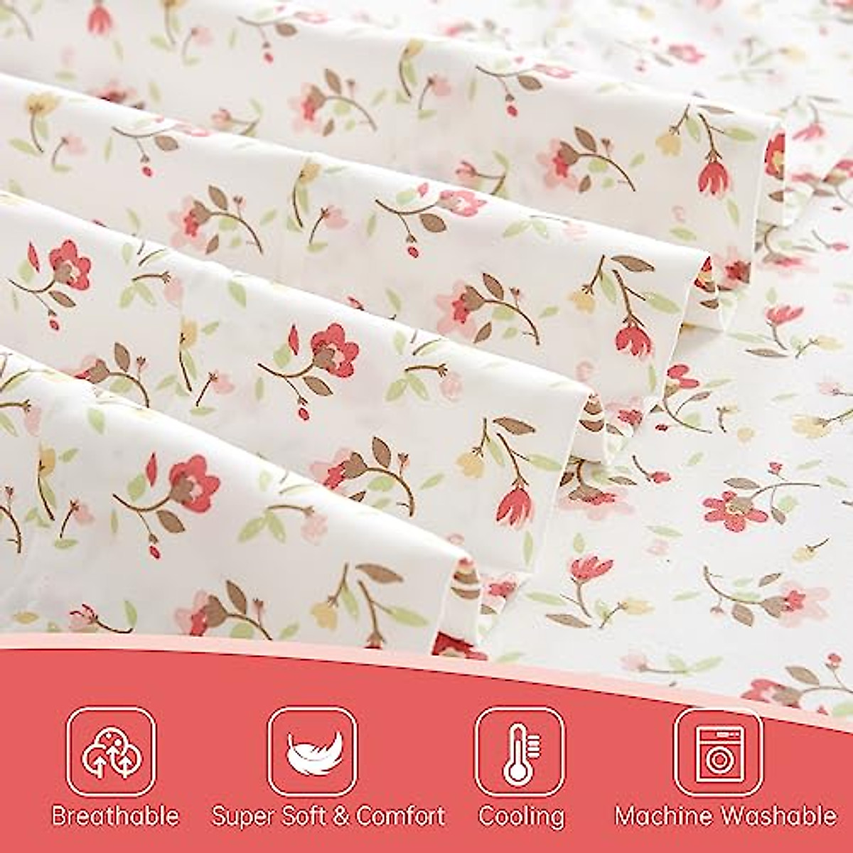 Queen Bed Sheet Set 4PC Printed Cute Red Flower Sheet Pattern Cooling Brushed Microfiber 17" Deep Pocket Floral Sheets Set Luxury, Soft, Breathable, Hypoallergenic, Wrinkle Free Double Bedding