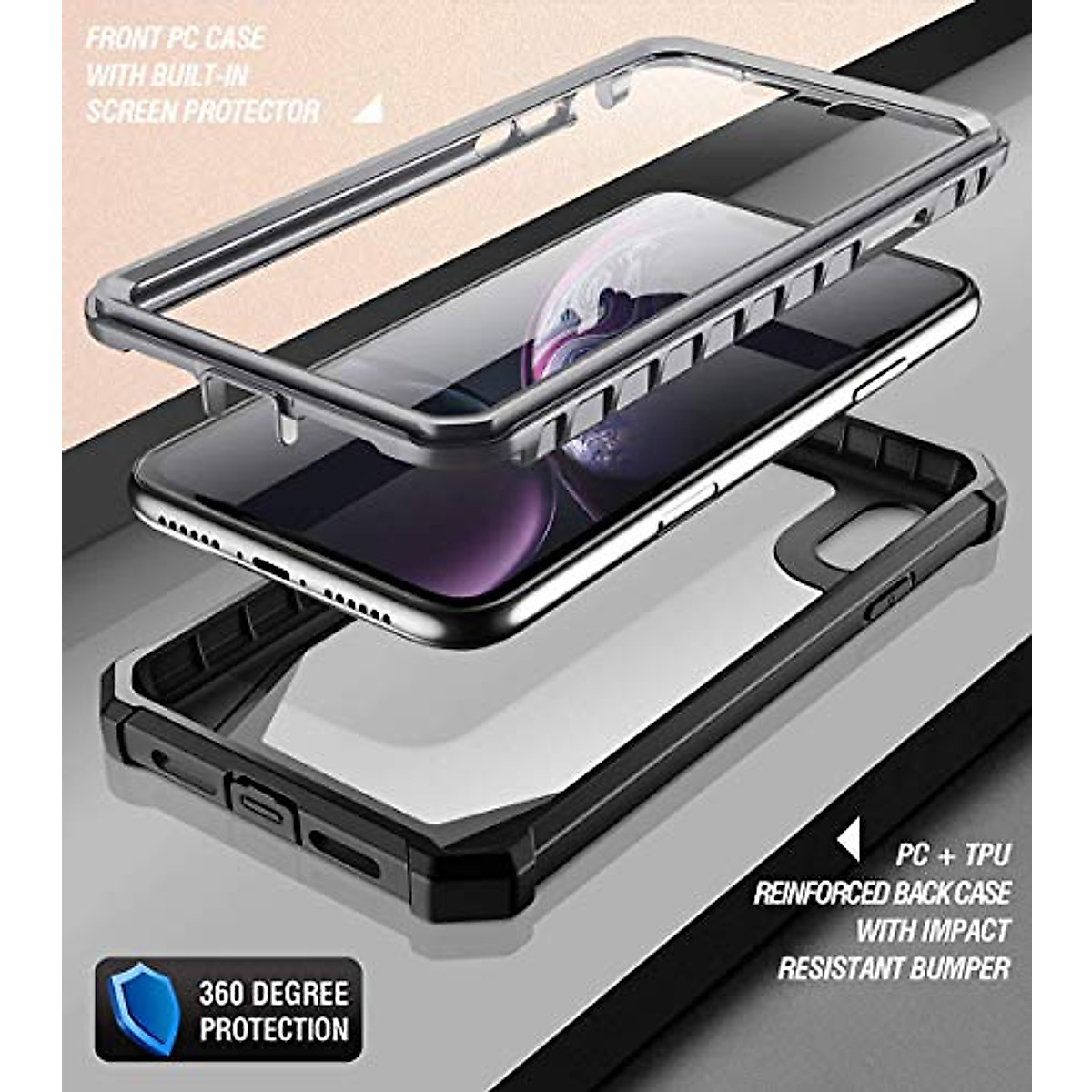 Poetic iPhone XR Case, Guardian [Scratch Resistant Back] Full-Body Rugged Clear Hybrid Bumper Case with Built-in-Screen Protector for Apple iPhone XR 6.1" LCD Display Black
