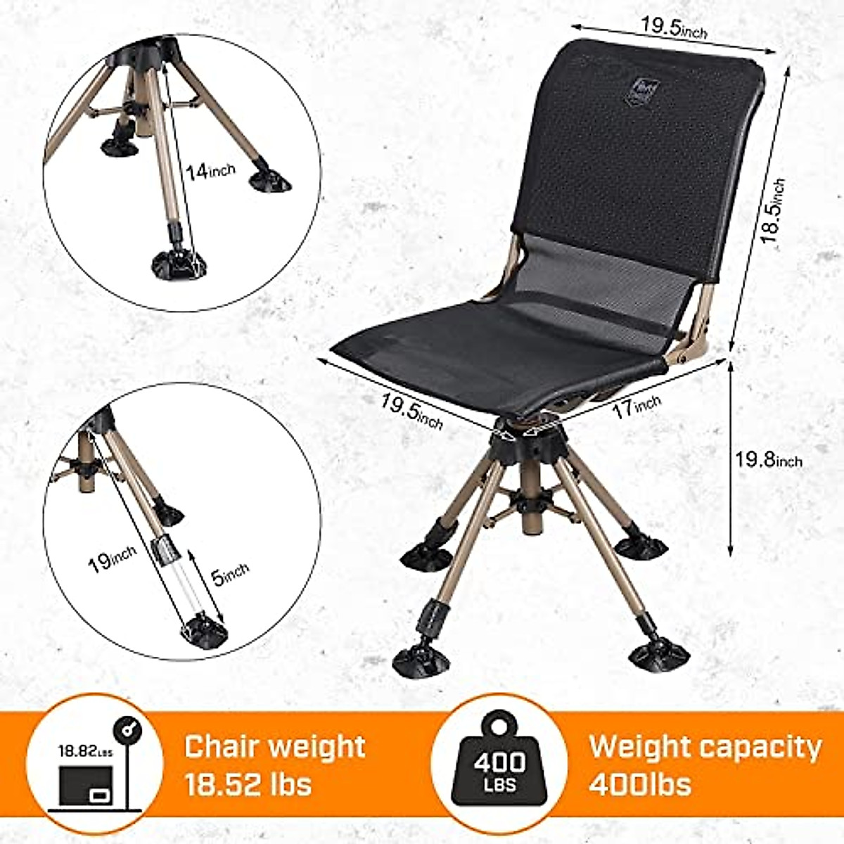TR Hunting Chair 360 Degree Silent Swivel Folding Chair for Blinds, 400lbs Capacity 2 Legs Adjustable Height Comfortable Stable Hunting Seats, Portable Ground Hunting Chair
