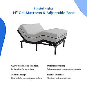 Blissful Nights e4 Full Adjustable Bed Base Frame with 14" Soft Gel Infused Memory Foam Mattress
