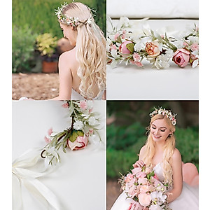 WOVOWOVO Rose Flower Crown for Women Baby Girls, Adjustable Flower Girl Headpiece with Ribbon Fairy Crown Pink Bride Hair Accessories Wedding Boho Flower Headband Festival Photo Props