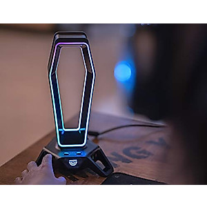TRUSYO AUDIO THE PORTAL USB 3.0 headset stand with dual RGB lights, 3 usb charger ports, a headphone holder for wired or wireless headphones, great for gaming stations. A gaming accessory.
