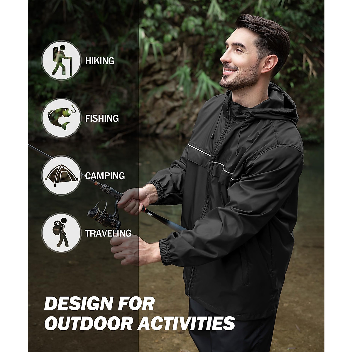 SWISSWELL Mens Waterproof Windbreaker Rain Jacket Lightweight Packable Raincoat with Hood for Golf Hiking Travel Black Large