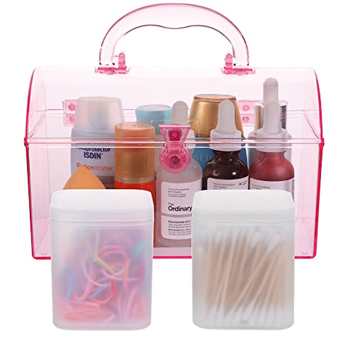 Plastic Square Storage Bin-Cabinet,Gift Box Portable Vanity Organizer with Secure Lid and Handle, Clear Container Box for Toiletries (1 Red Box + 2 Smaill Boxs)