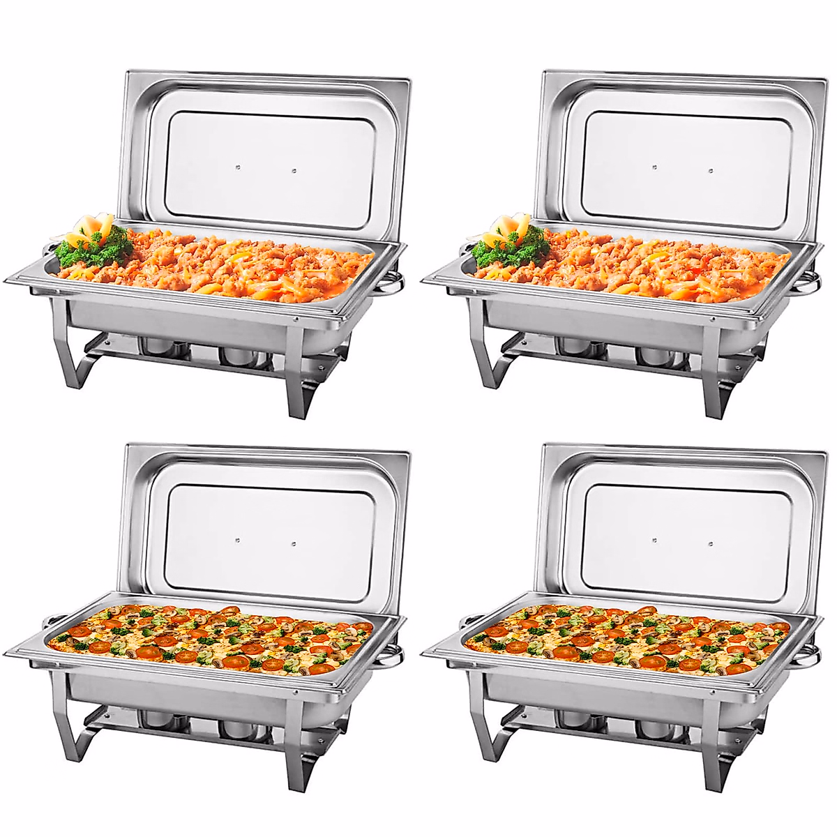 Kweetle Pack of 4 Chafing Dish 8 Quart Stainless Steel Foldable Rectangular Chafer Full Size Food Pan Fuel Holder and Lid Food Warmers for Pary Banquet Buffets