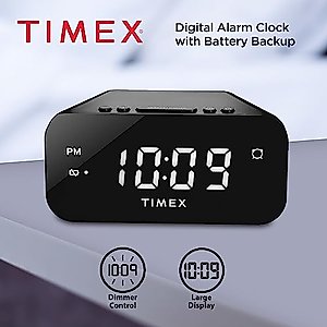 Timex Alarm Clock with Large Display, Digital Alarm Clock for Bedroom Includes 120V Universal Power Adapter (T121B - Black)