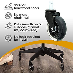 (Set of 5) Office Addiction - Office Chair Replacement Wheels - Hardwood Safe 3-Inch Heavy Duty Replacements - Ball Bearing Swivels - Floor Safe Design - Black/Clear