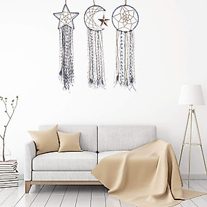 Jetec 3 Pieces Dream Catcher Moon Sun Blue Handmade Modern Dreamcatcher for Wall Hanging Home Decoration