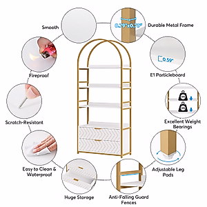 Tribesigns 4-Tier Bookshelf with 2 Drawers, 74.80”H Tall Bookcase 4 Display Shelf Small Place, Free Standing Multipurpose Storage Rack Etagere Book Shelves Tower, Home Office, White, Gold