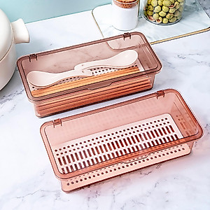 DUZFOREI Flatware Plastic Tray with Lid Kitchen Cutlery and Utensil Drawer Organizer Silverware Countertop Storage Container (Brown)
