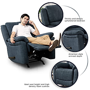 Rocker Recliner Chair, Modern Rocking Recliner, Glider Recliner, Push Back Upholstered Recliner Armchair with Footrest, Ergonomic Arms, Back, Wood Steel Structure Living Room Private cinema, Navy Blue