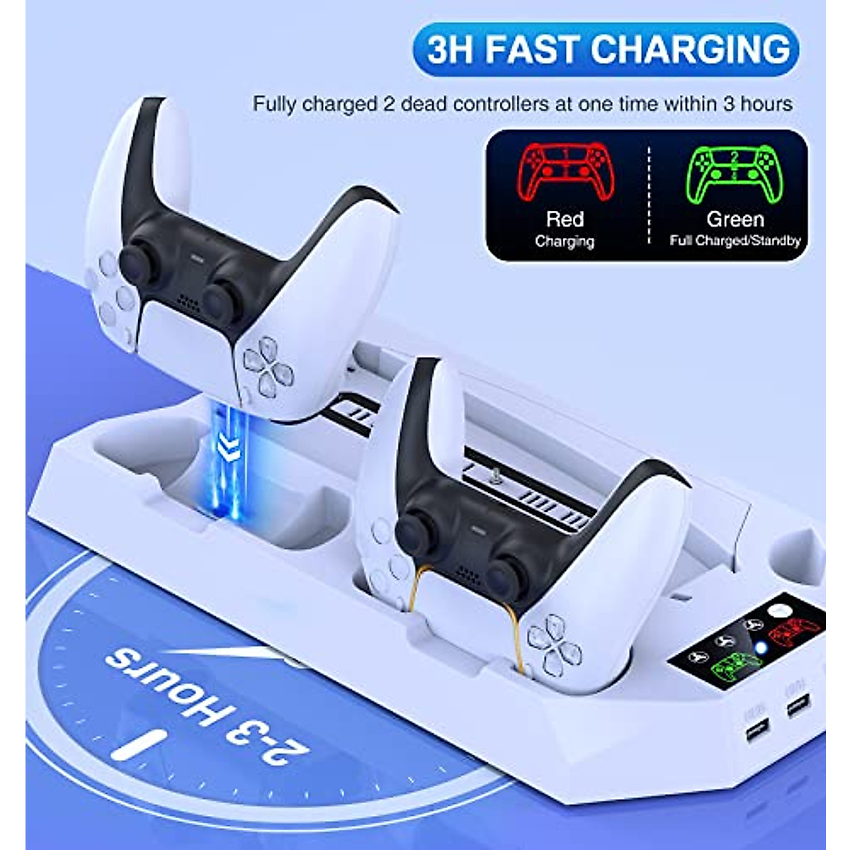PS5 Stand with Cooling Station PS5 Controller Charging Station for Playstation 5 PS5 Console Disc/Digital Edition, PS5 Accessories-Cooler Fan/Remote Charger/Media&Headset Holder/3-USB Hub/Screw White