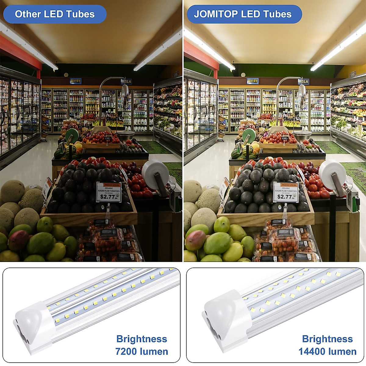 JOMITOP 8 ft Led Shop Light Fixture 120W 14400 Lumens 6500K Cold White T8 V Shaped Integrated Led Tube Light 4 Rows Cooler Door Light, Warehouse Super Bright White Pack of 10